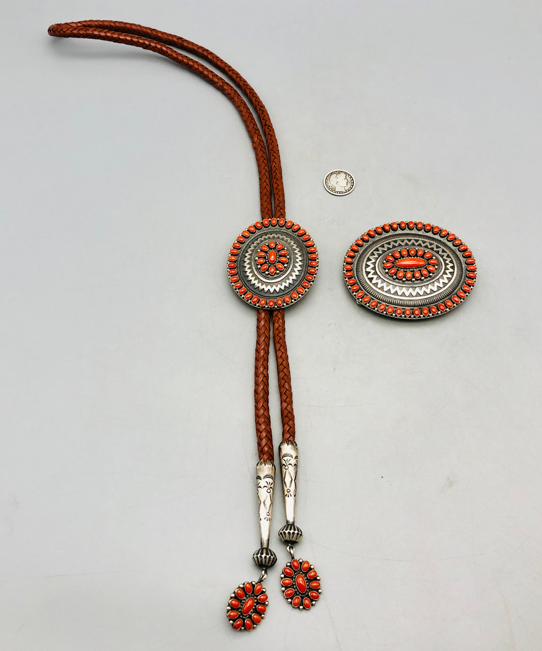 Sensational Coral Bolo Tie and Buckle Set by Ernest Roy Begay