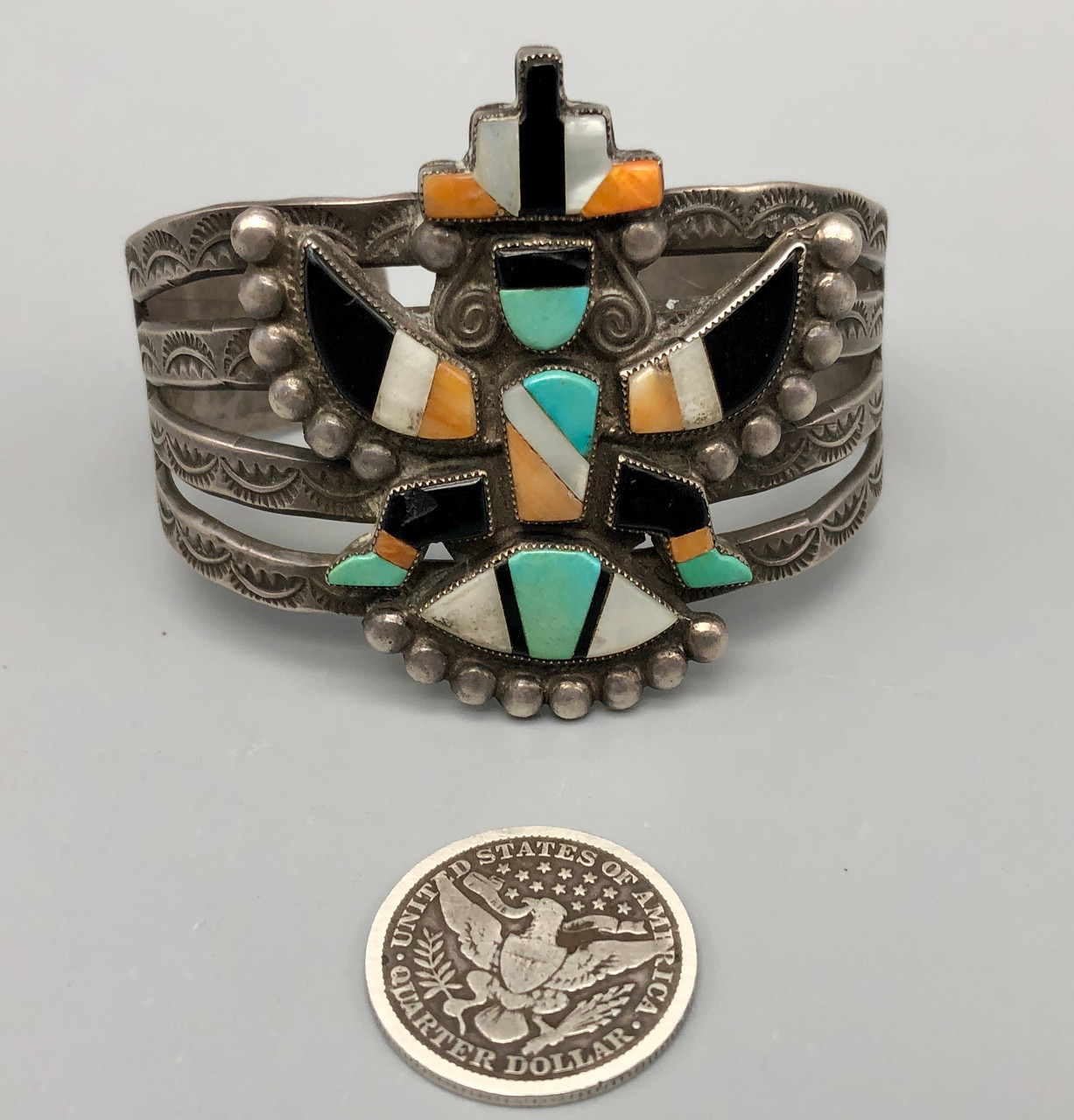 Circa 1940s Zuni Inlay Knifewing Bracelet