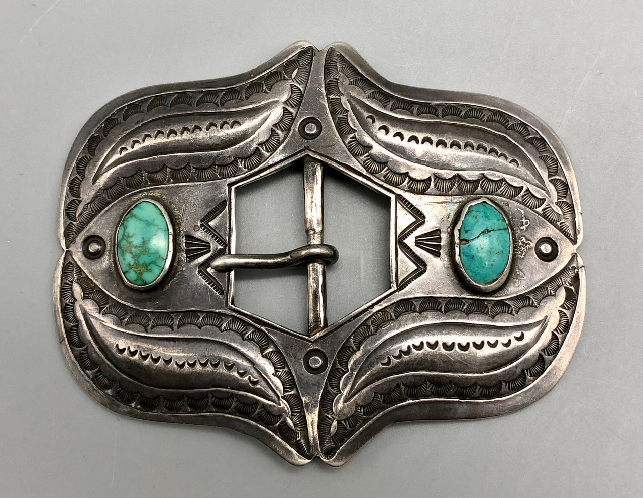 Impressive Vintage Turquoise and Sterling Silver Belt Buckle