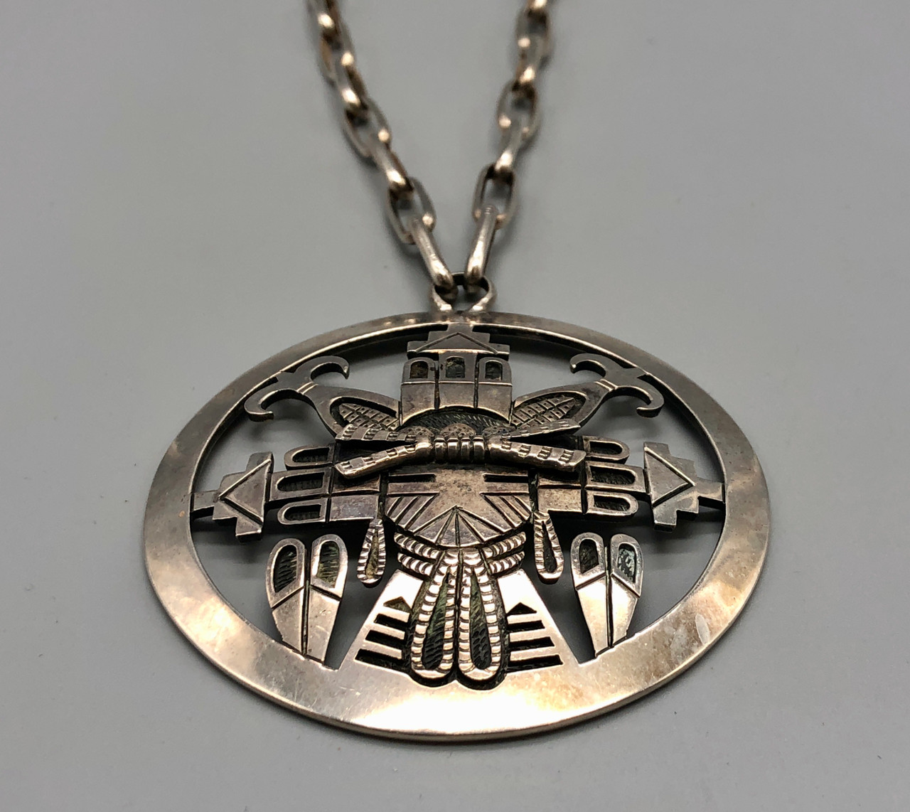 Fancy Sterling Silver Hopi Overlay Necklace by Victor C.
