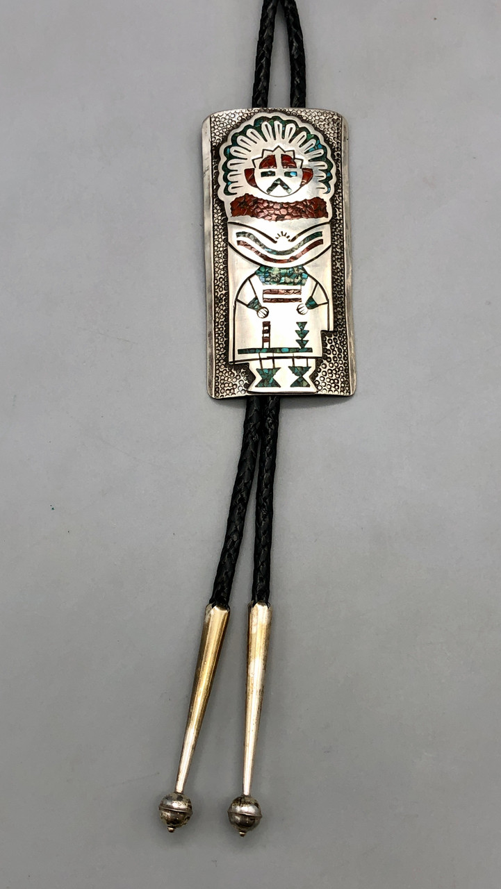Kachina Inlay Bolo Tie with Turquoise and Coral