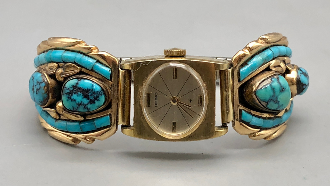 Vintage Turquoise and 14K Gold Ladies Watch Bracelet