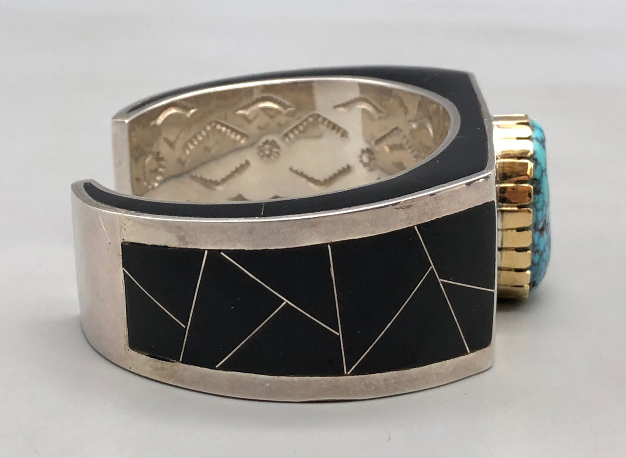 Exquisite Onyx Inlay and Sterling Silver Bracelet with Great Turquoise ...