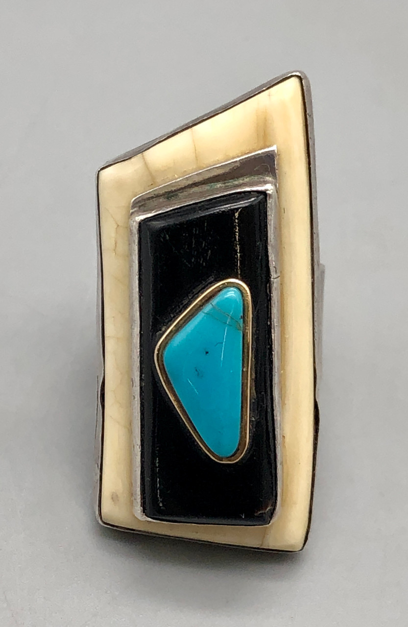 Vintage Bone Onyx Turquoise Sterling Silver and Gold Ring