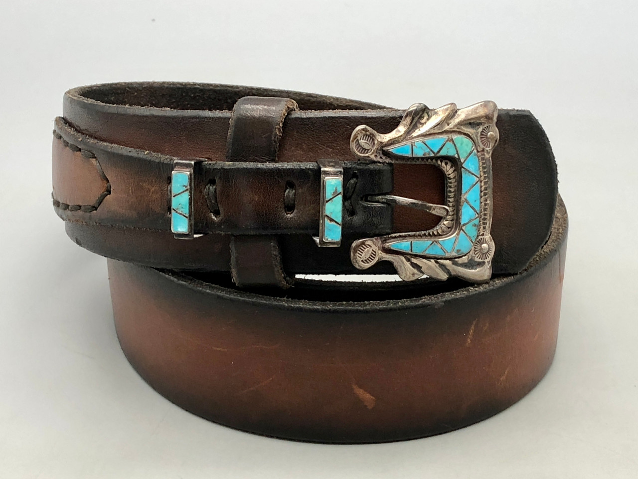 Vintage Turquoise Inlay Belt Buckle Set W/Belt