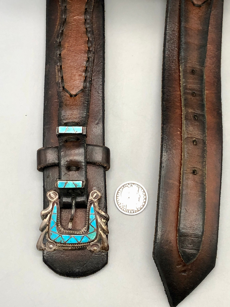 Vintage Turquoise Inlay Belt Buckle Set W/Belt