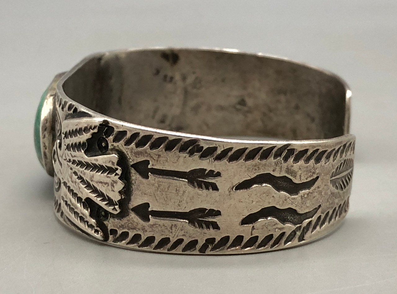 1920s Era Thunderbird Theme Turquoise and Sterling Silver Bracelet