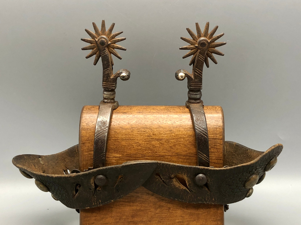 Old Pair Of California Style Spurs With Old Studded Spur Leathers