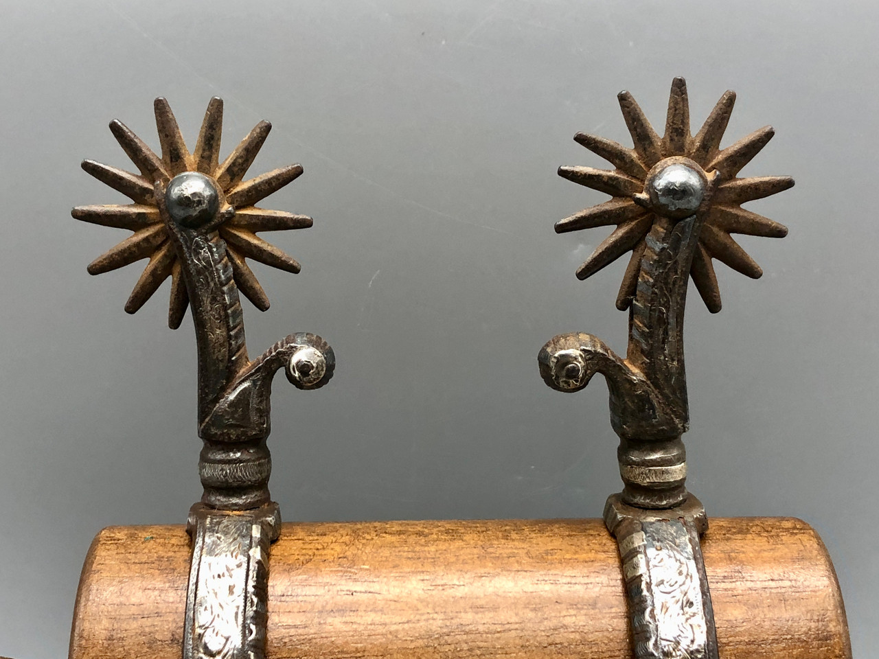 Old Pair Of California Style Spurs With Old Studded Spur Leathers