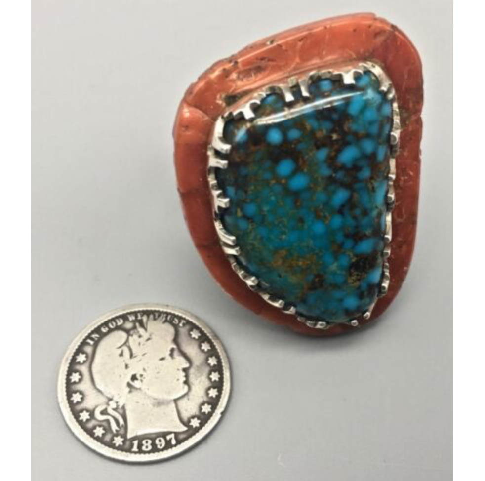 UNIQUE! STATEMENT Ring With Coral Inlay Shank *High Grade* Kerah Tsosie ...