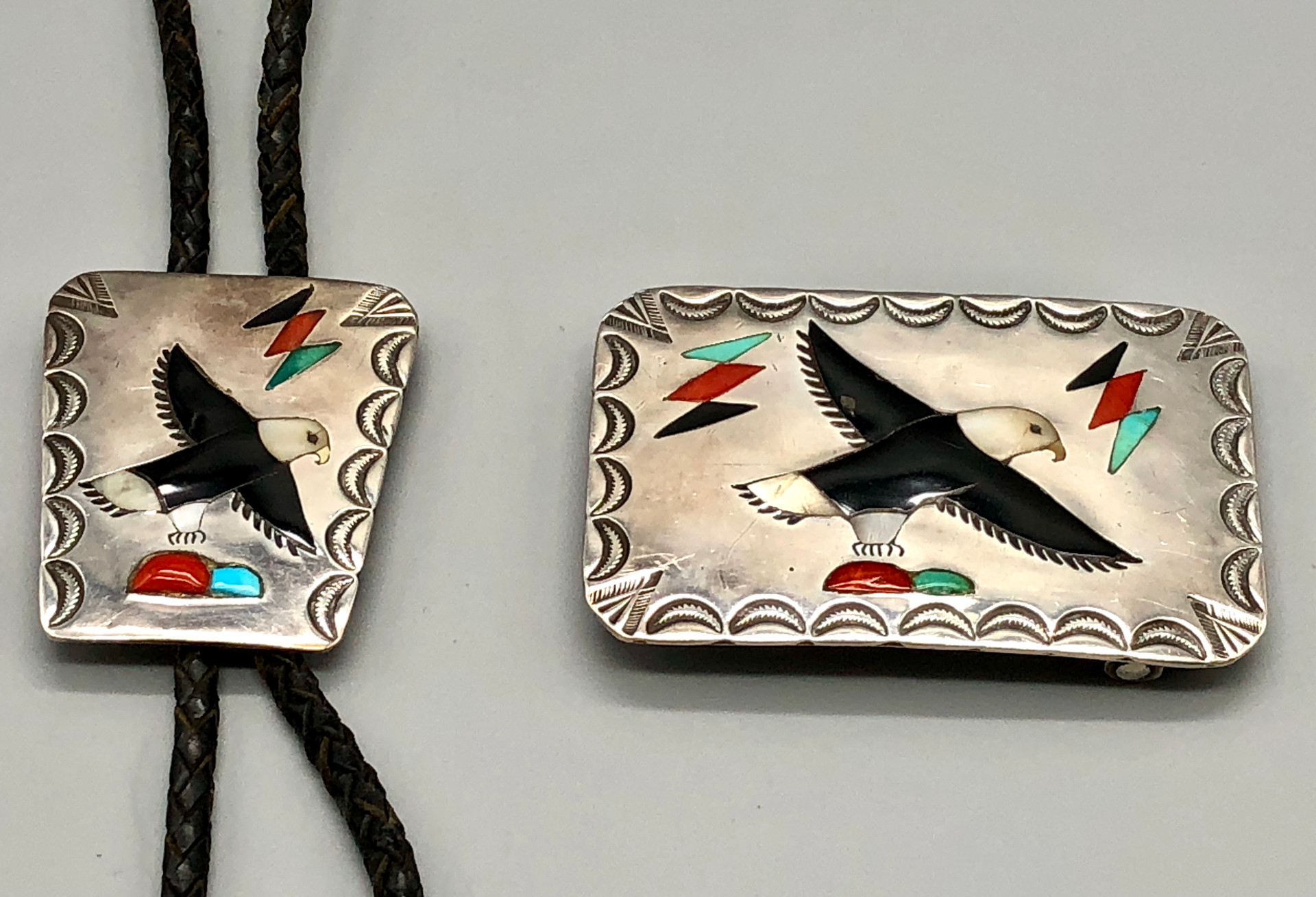 Zuni Eagle Themed Inlay Bolo and Belt Buckle Set