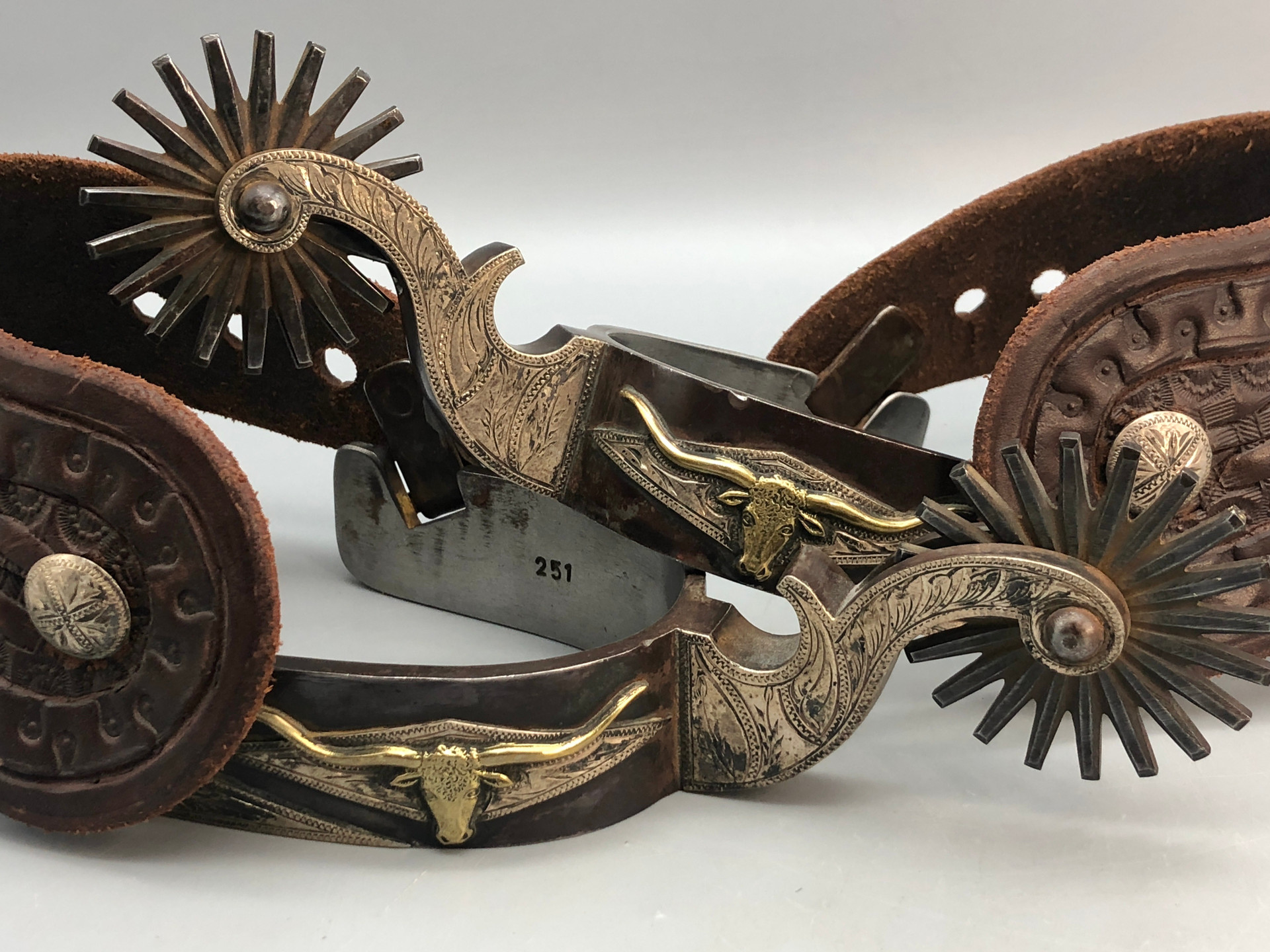 Fancy Pair of Single Mounted Steer Head Design Spurs by Ron Bliss