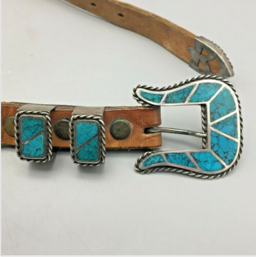 Vintage Turquoise Inlay Ranger Buckle Set On A Tooled Leather Belt
