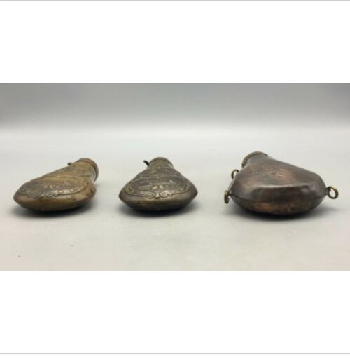 3 Vintage Black Powder Flasks With Hunting Scenes