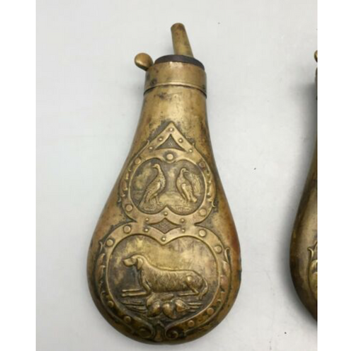 3 Vintage Black Powder Flasks With Hunting Scenes