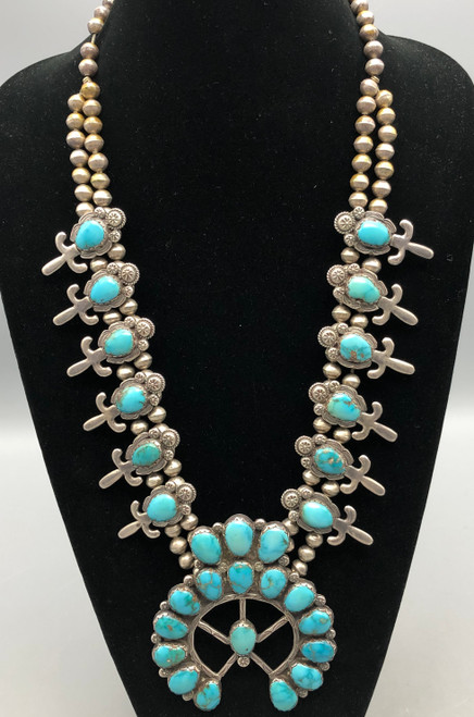 Circa 1950s Handmade Squash Blossom Necklace Attributed to Dan Simplicio