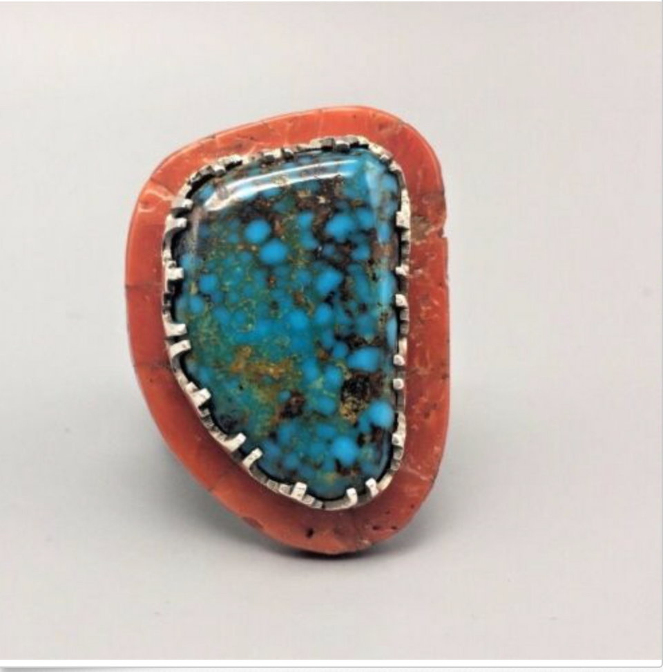 UNIQUE! STATEMENT Ring With Coral Inlay Shank *High Grade* Kerah Tsosie ...