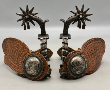 Fancy Pair Of California Style Spurs With Scalloped Bands and Nice Straps