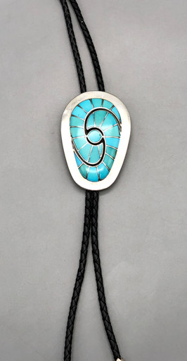 Turquoise Inlay Bolo Tie and Belt Buckle Set By Dickie And Amy Quandelacy
