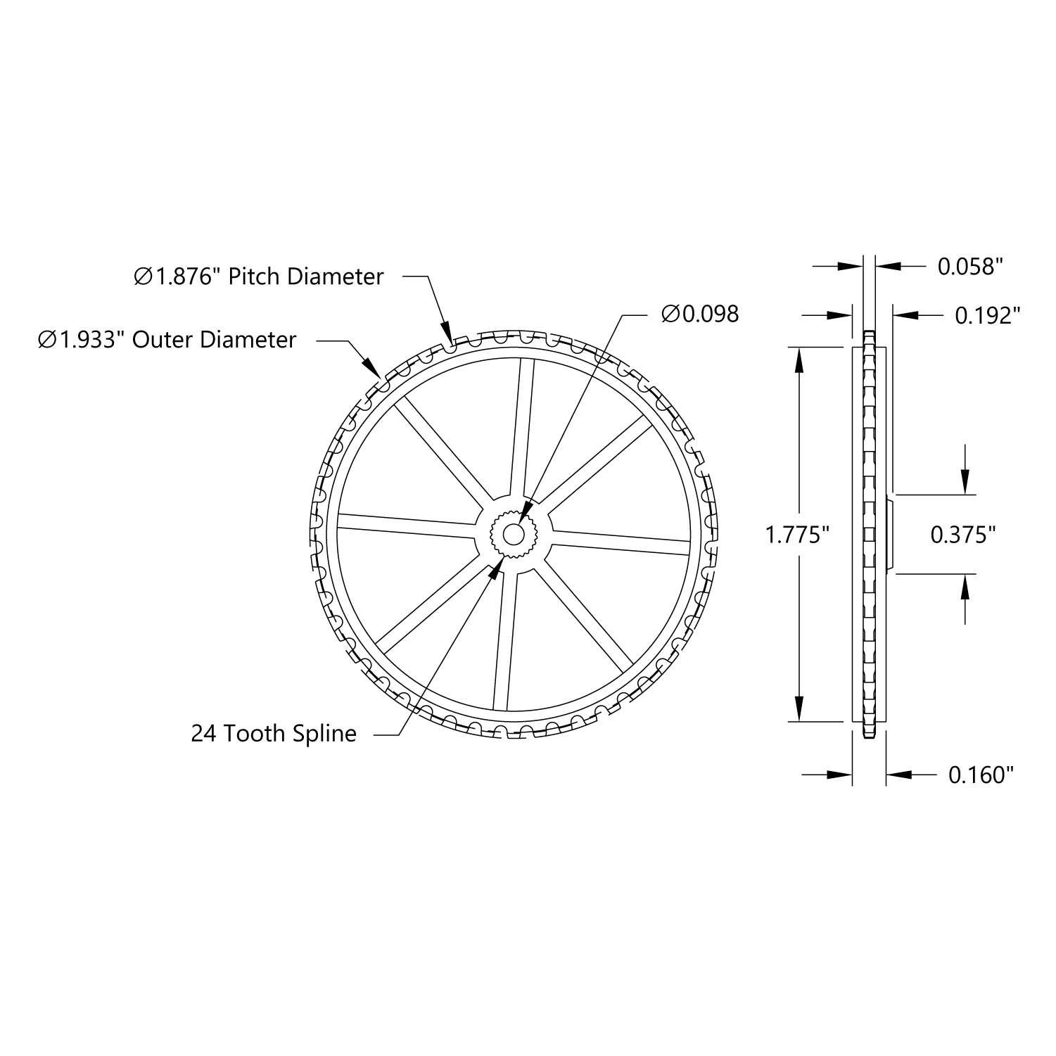 01227 Pitch 48 Tooth Nylon Servo Sprocket With 24 Tooth Spline