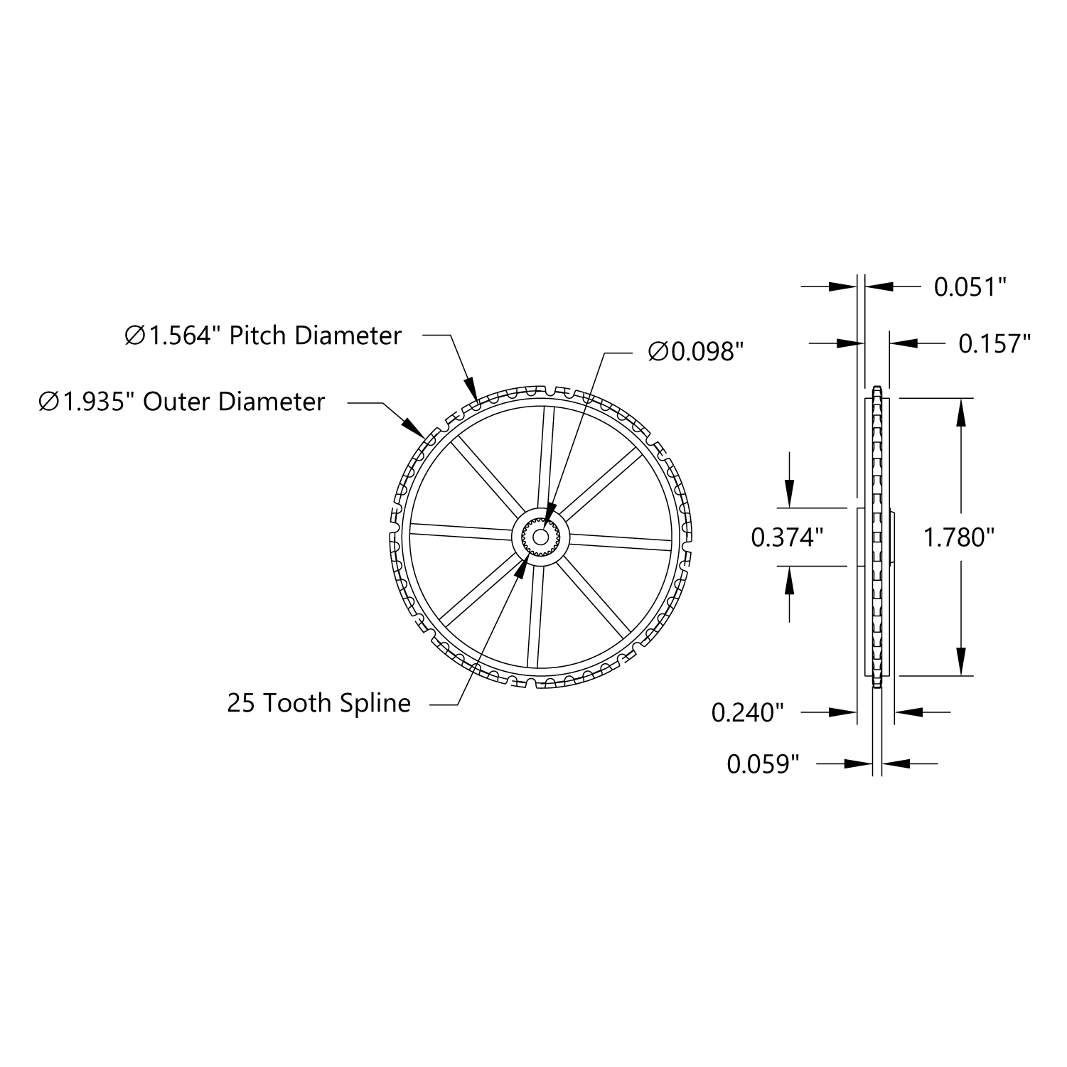 01227 Pitch 48 Tooth Nylon Servo Sprocket With 25 Tooth Spline