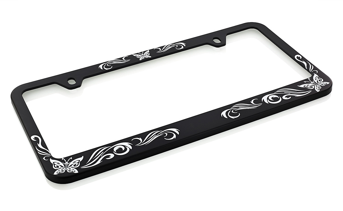 Butterfly UV Imprint Black Plastic License Plate Frame - Wide Bottom