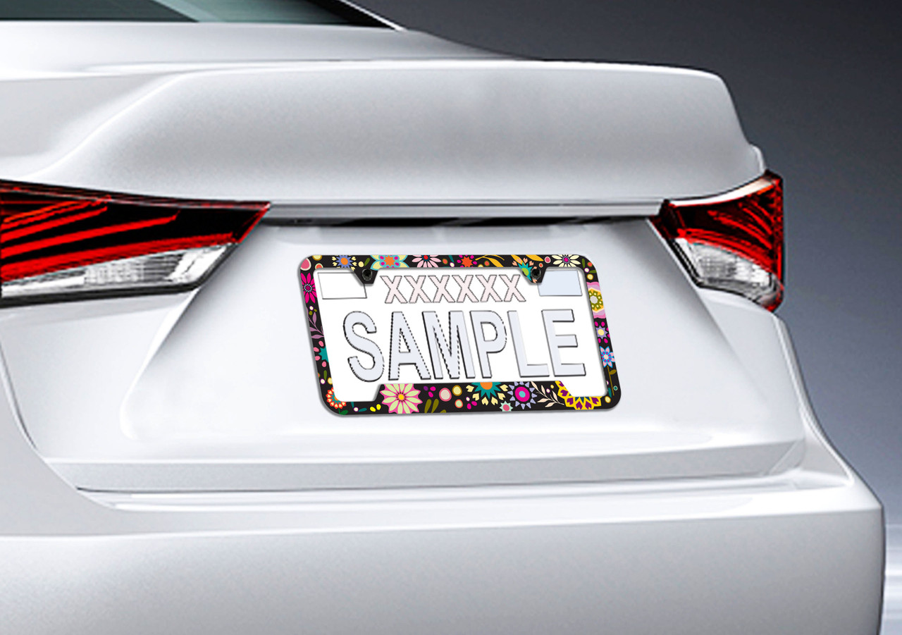 Retro Flower Black Plastic License Plate Frame