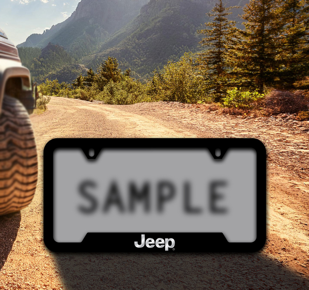 Jeep Black Coated Metal License Plate Frame with Exposed Chrome Logo