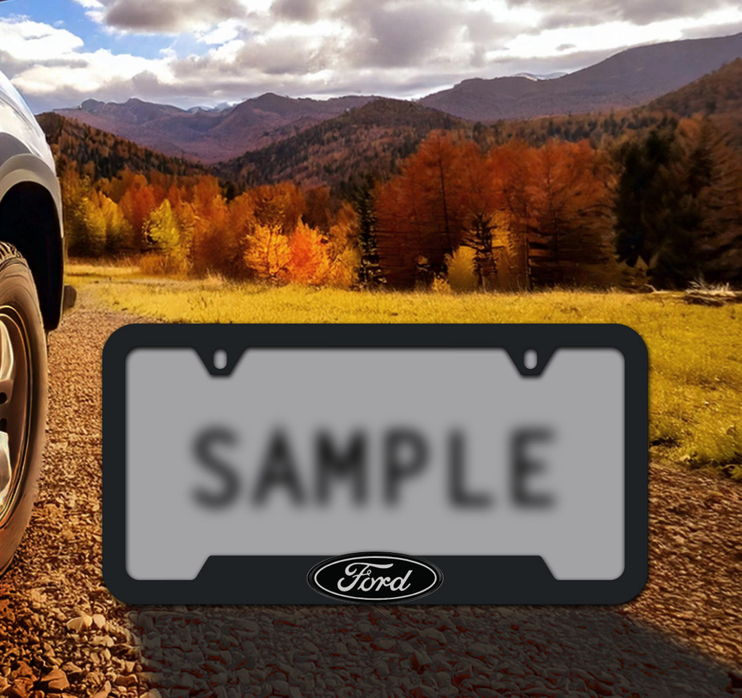 Ford Oval Blackout 3D Badge Black Coated Metal License Plate Frame