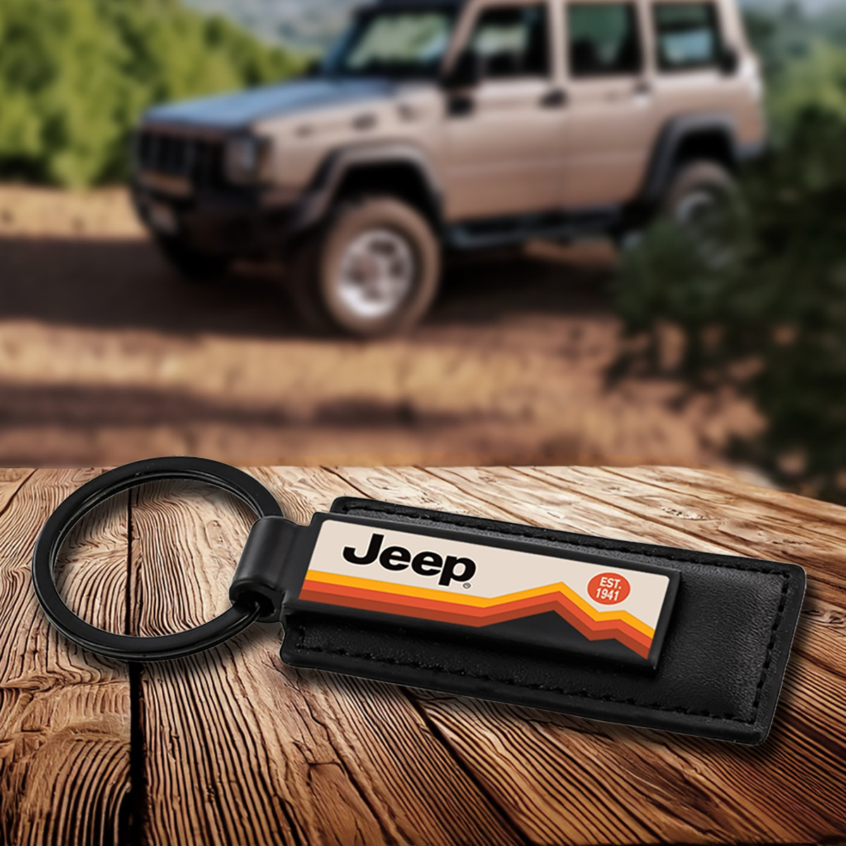 Jeep Brand Black Leather Keychain with UV Printed Jeep Logo