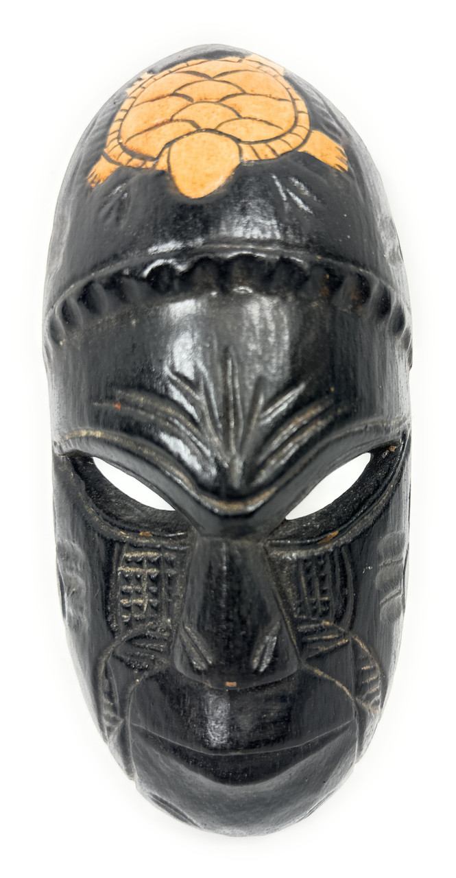 Black Fijian Mask 8 in with Carved Turtle | #mdr1901220 - TikiMaster.com