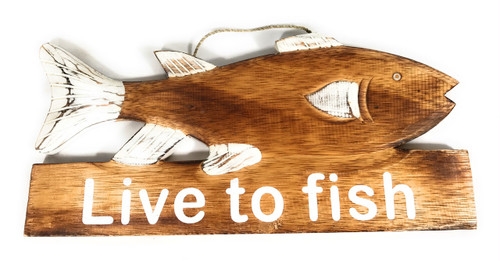 Live To Fish Wooden Fish Sign - 14 in X 7 in | #snd25110 - TikiMaster.com
