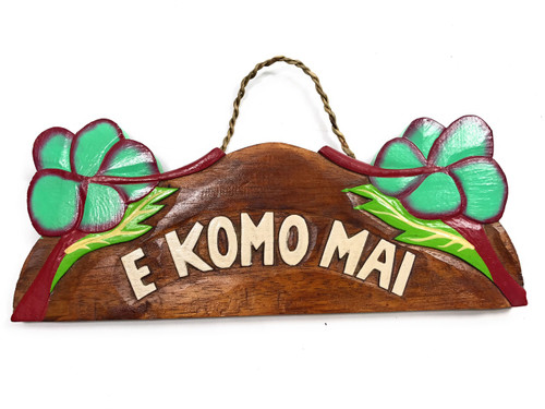 E Komo Mai with Hibiscus Wooden Sign 11 in X 4.5 in - Turquoise | # ...