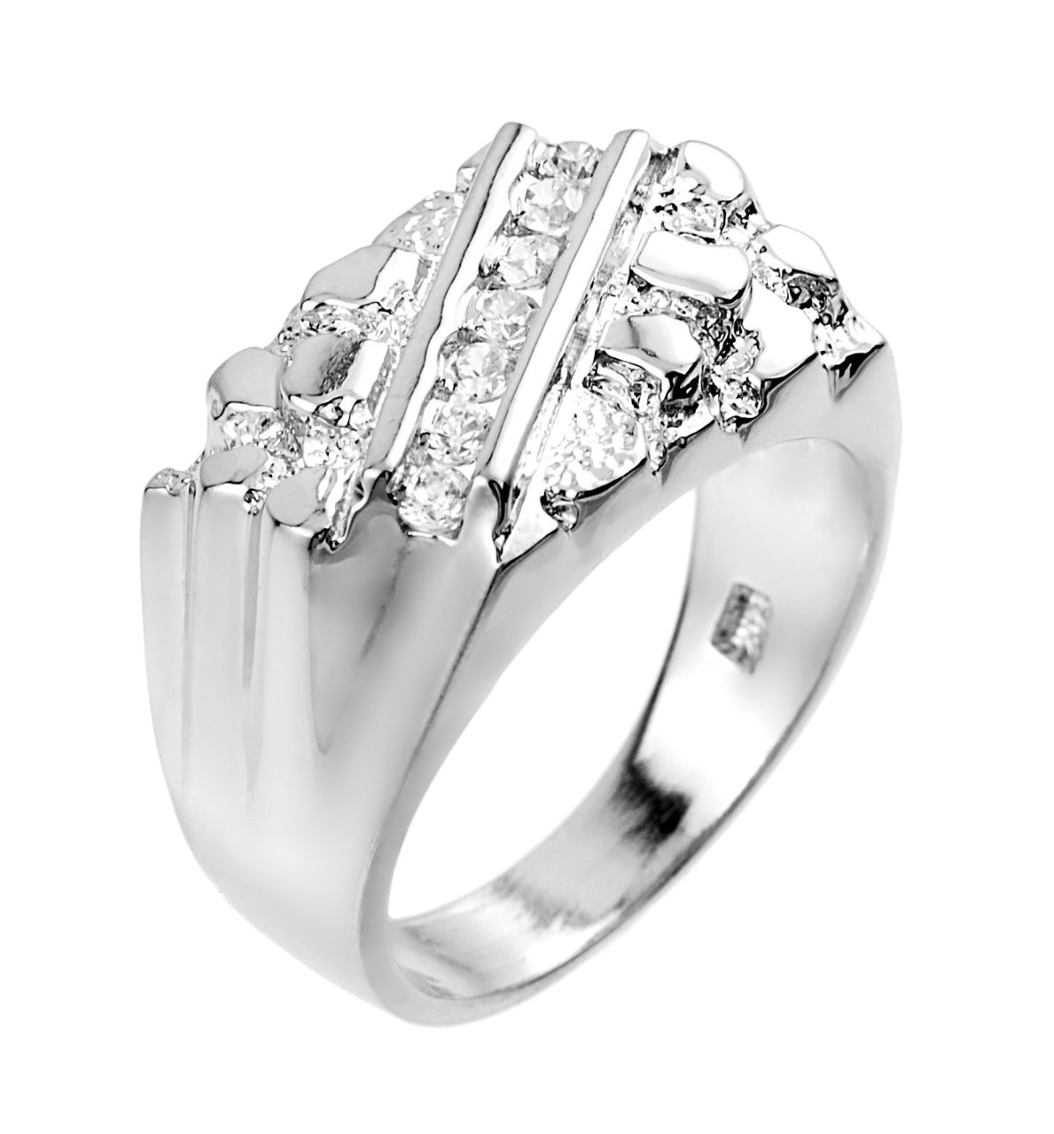 Sterling Silver Cubic Zirconia Signet Nugget Mens Ring