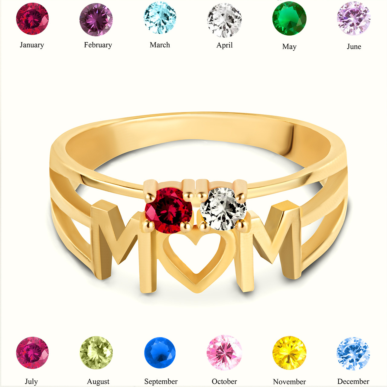 Gold Personalized Mom Heart 2 Birthstones Mother's Ring| Factory Direct ...