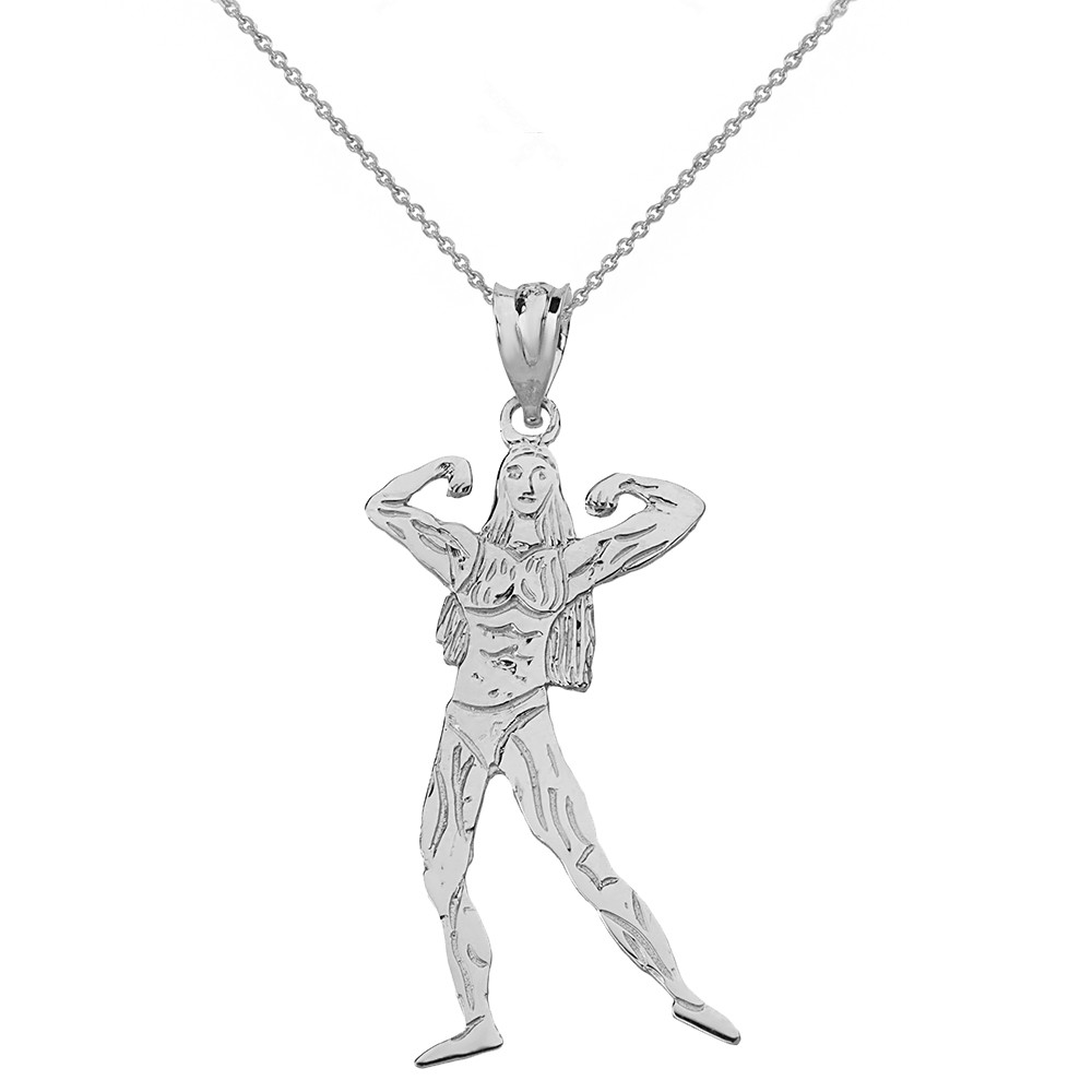 Solid White Gold Weightlifting Fitness Sport Female Bodybuilder Pendant ...