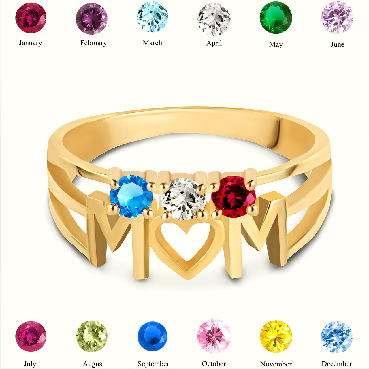 Gold Personalized Mom Heart 3 Birthstones Mother's Ring | Factory ...