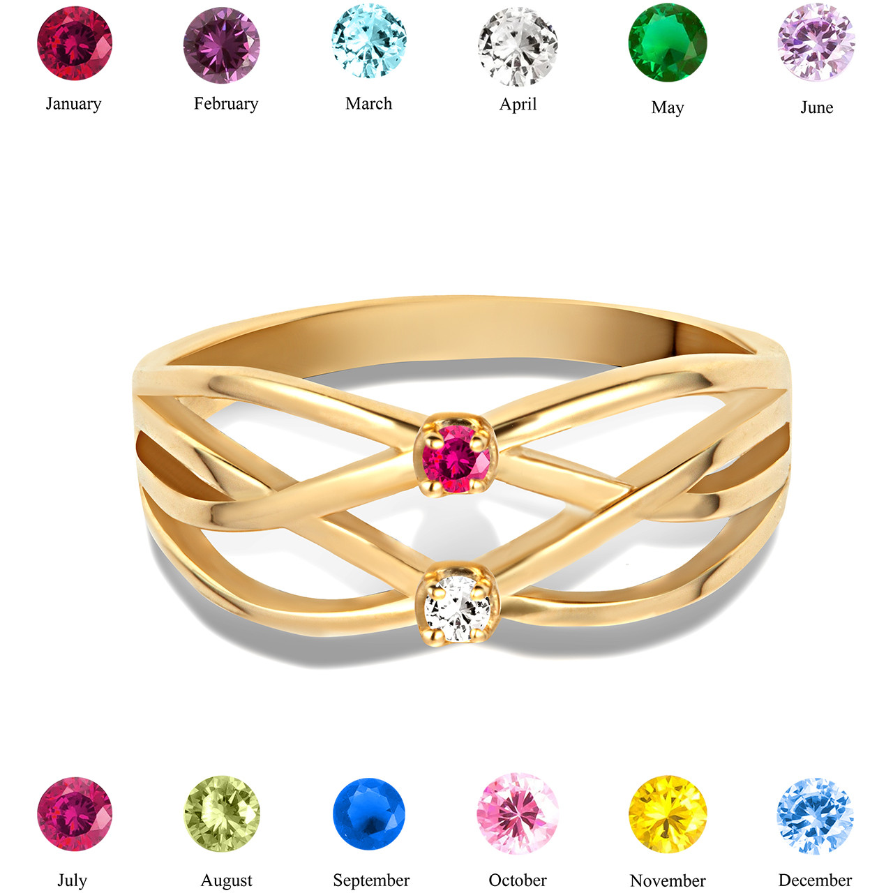 Gold Personalized 2 Birthstone Cross Over Ring | Factory Direct Jewelry