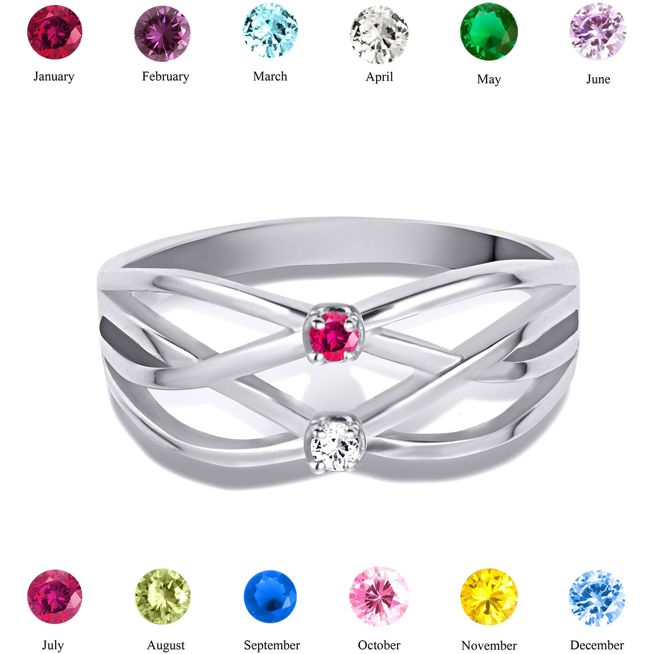 Silver Personalized 2 Birthstone Cross Over Ring | Factory Direct Jewelry
