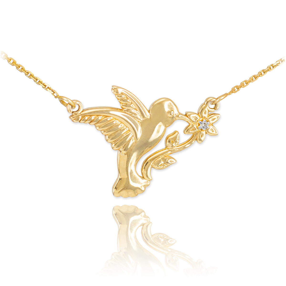 14k Gold Hummingbird with Diamond Flower Necklace | Hummingbird