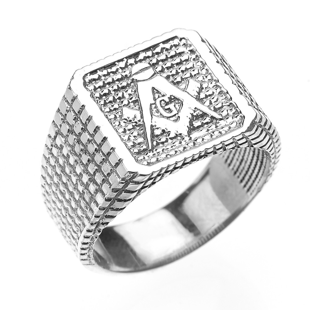Freemason Green CZ Square & Compass Silver Masonic Mens Ring