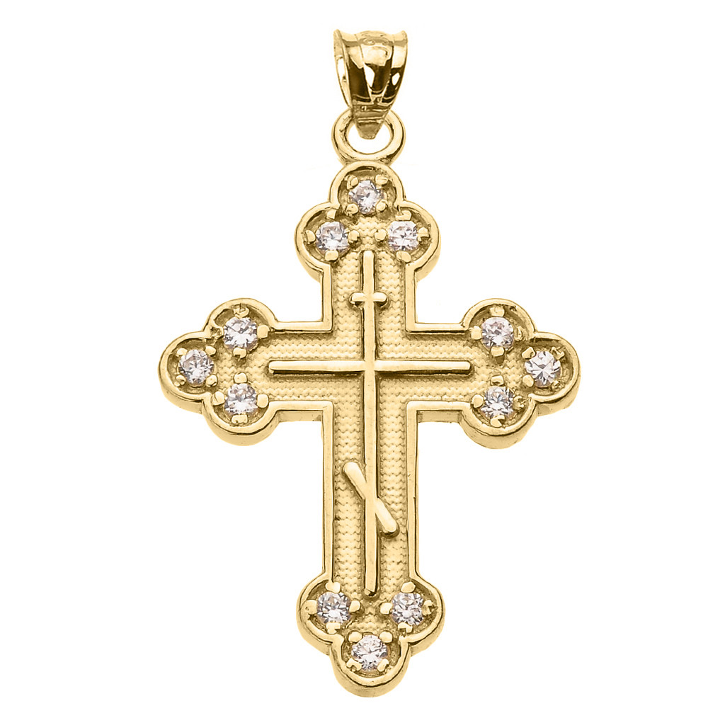 Solid Yellow Gold Greek Orthodox Floral Rose Cross Pendant Necklace