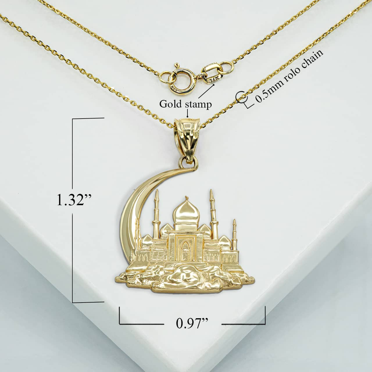Gold Diamond Crescent Moon and Star Islamic Pendant Necklace