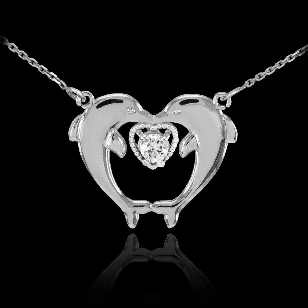 14k Gold Two Dolphins CZ Necklace | Dolphin Necklaces