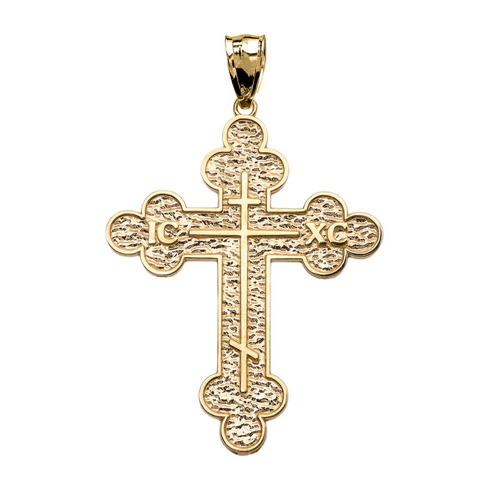 Solid Yellow Gold Greek Orthodox Floral Rose Cross Pendant Necklace