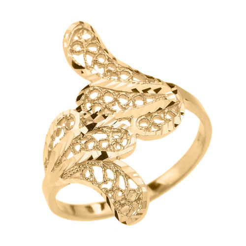 Gold Diamond Cut Filigree Leaf Ring (Available in Yellow/Rose/White Gold)