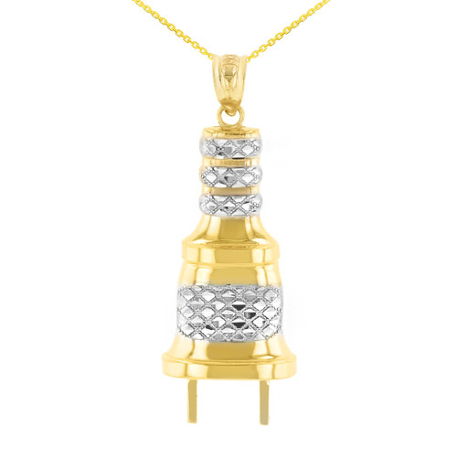 Solid Gold Electric Plug Diamond Cut Textured Pendant Necklace