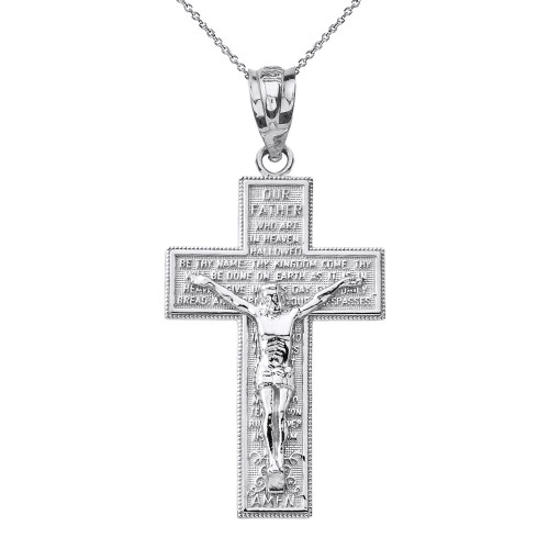 Sterling Silver The Lord's Our Father Prayer Crucifix Pendant Necklace