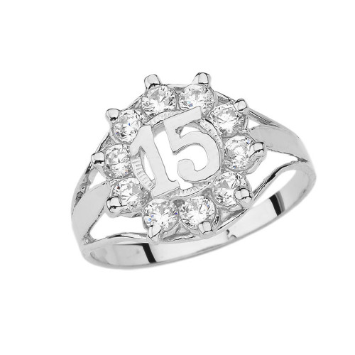 .925 Sterling Silver Cubic Zirconia 15 Años Quinceañera Round Ring ...