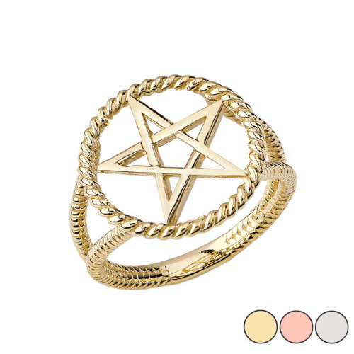 Gold Wiccan Star Pentagram Rope Signet Ring | Factory Direct Jewelry